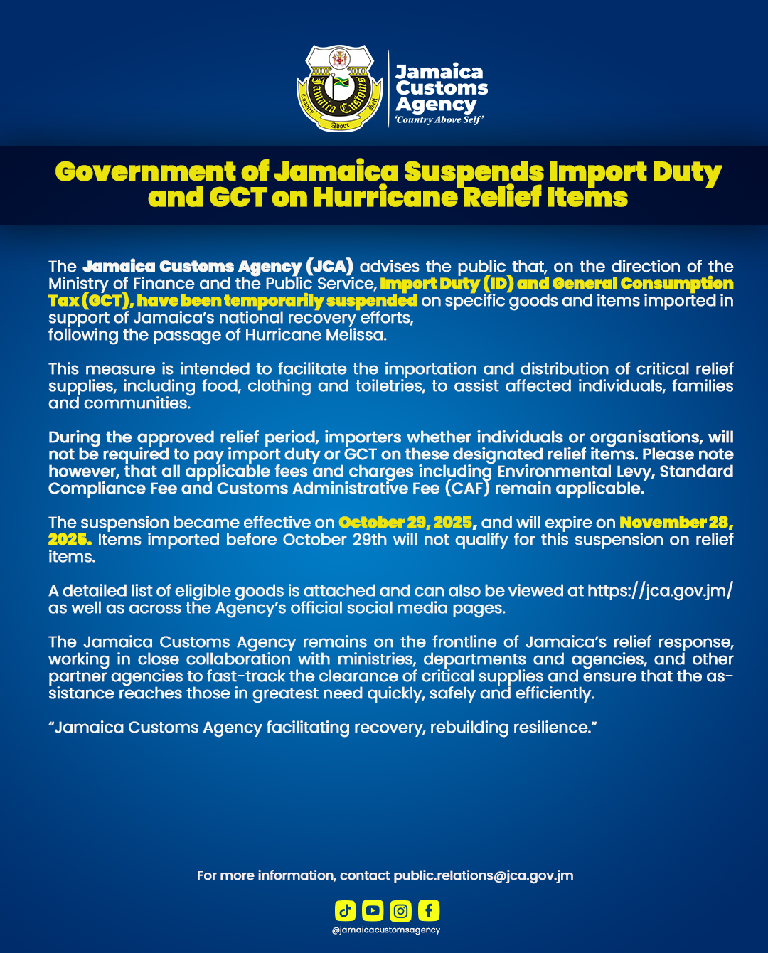 List of Disaster Relief Items for the General Public – Jamaica Customs ...