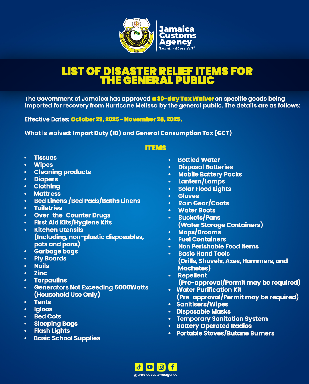 List of Disaster Relief Items for the General Public – Jamaica Customs ...