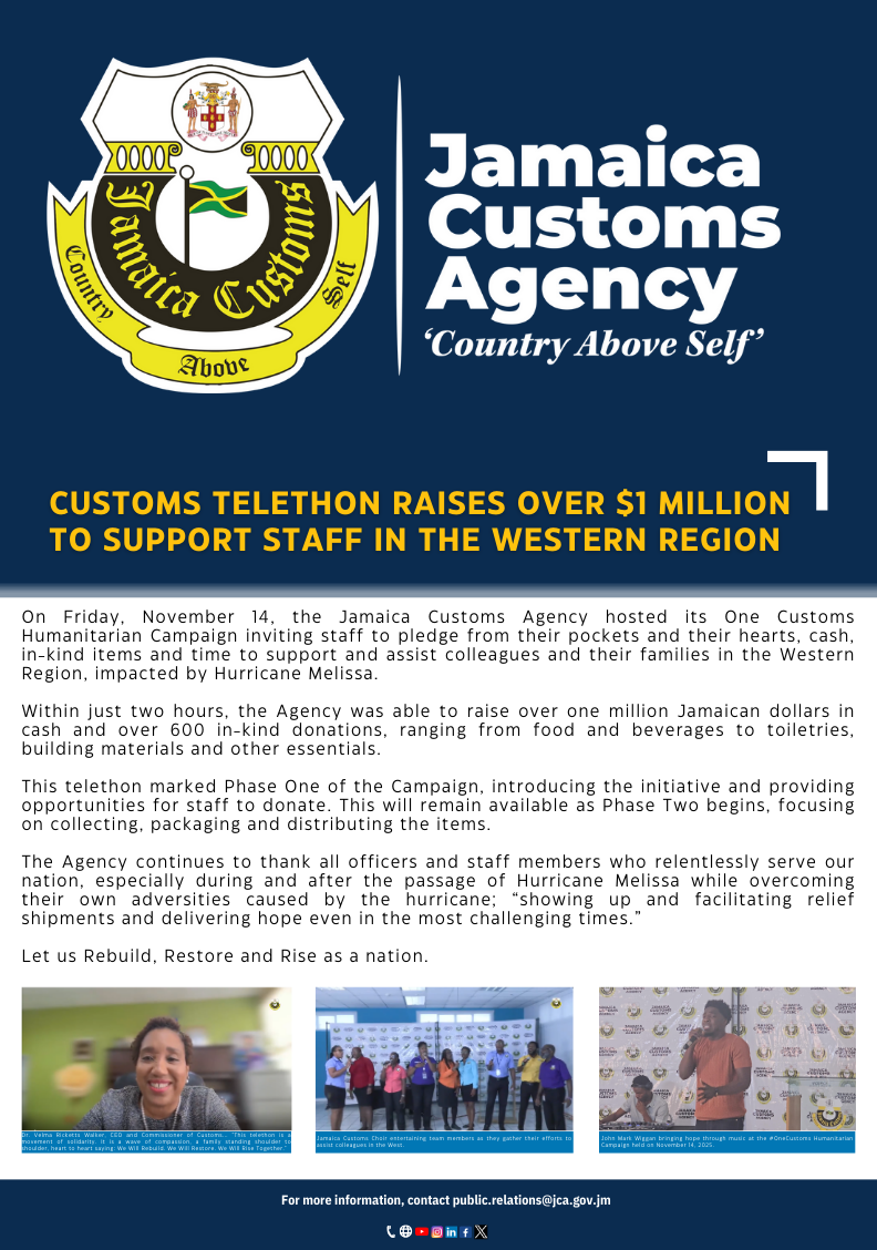 CUSTOMS TELETHON RAISES OVER $1 MILLION TO SUPPORT STAFF IN THE WESTERN REGION – Jamaica Customs ...